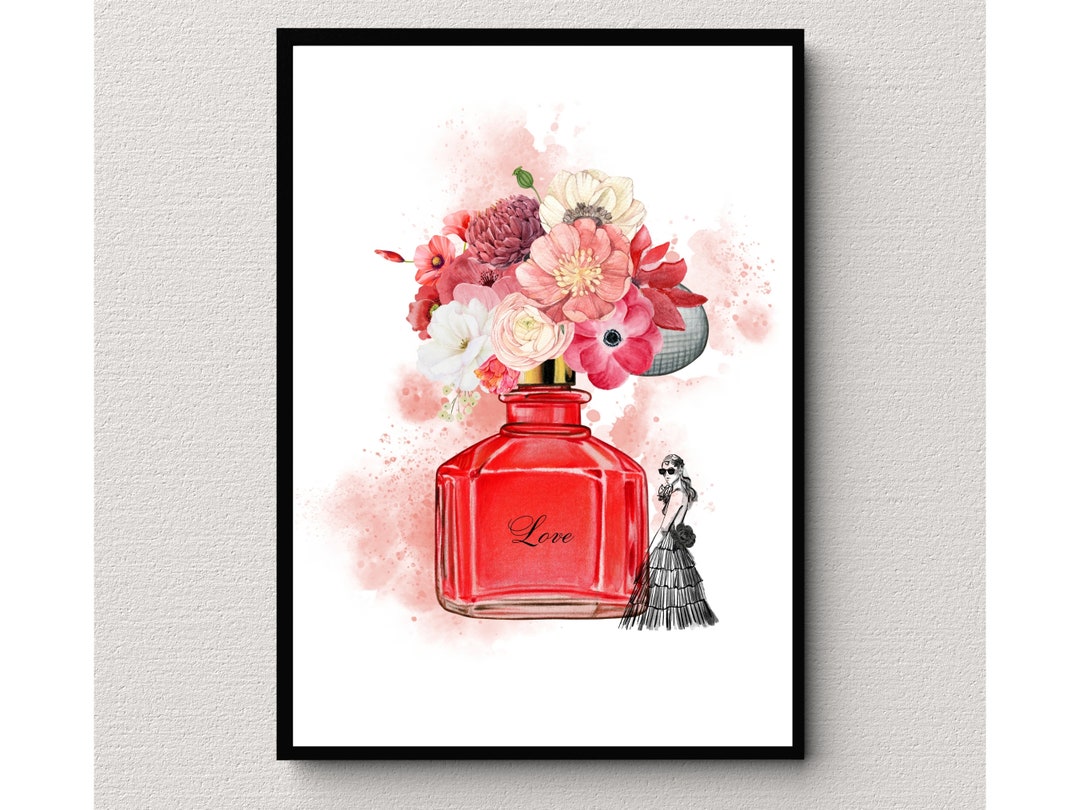 Ruby Red floral Essence: Watercolor Flower Perfume Bottle Art Print ...