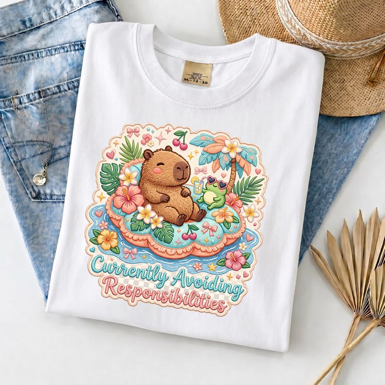 Capybara Frog Tropical PNG, Faux Embroidery Summer Sublimation Design ...