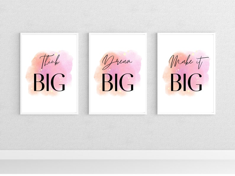 Printable big Dreams: Think, Dream, Achieve Word Quotes Wall Art Set ...