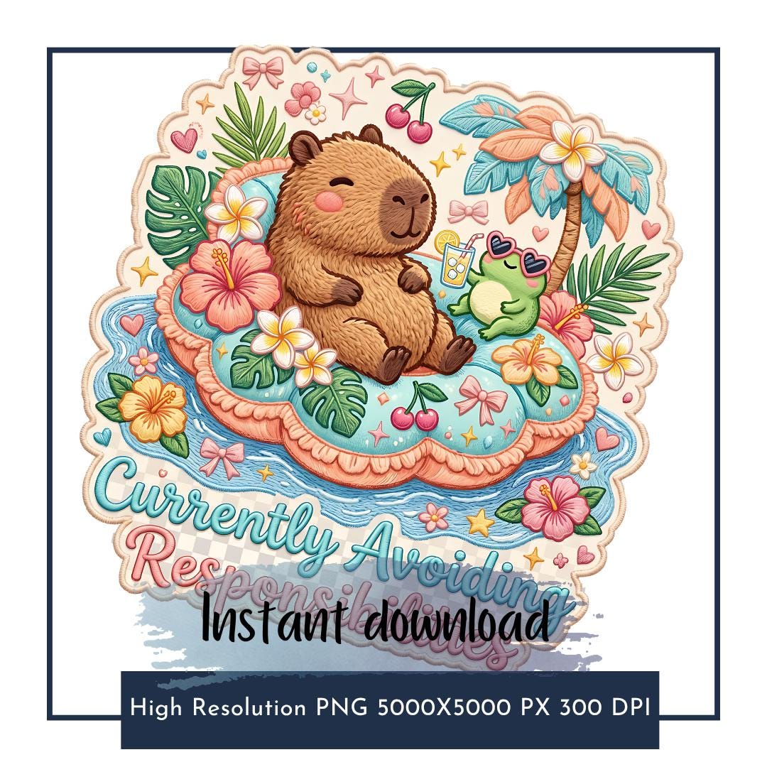 Capybara Frog Tropical PNG, Faux Embroidery Summer Sublimation Design ...