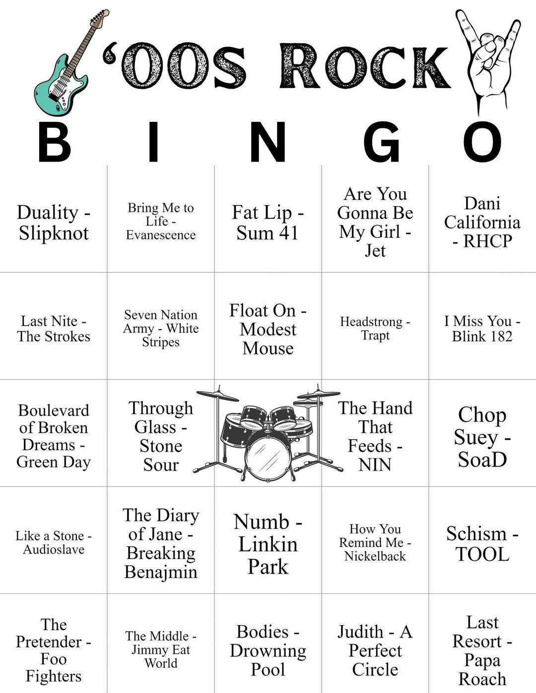 2000s Rock Music Bingo Bingo Card Game, Music Bingo, 2000s Bingo, Printable Bingo Cards, Rock ...