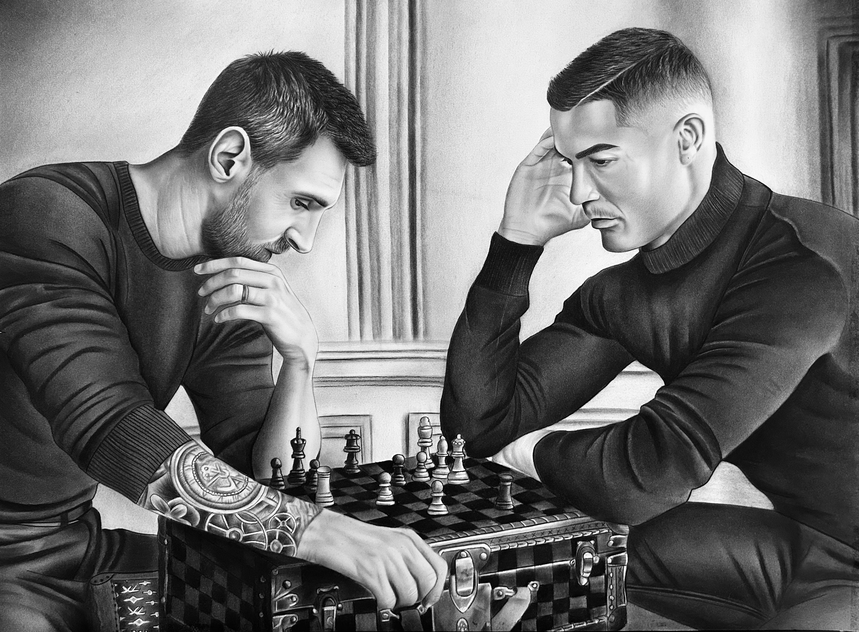 Messi & Ronaldo Chess Drawing, Messi Ronaldo Drawing,realmadrid, Messi ...