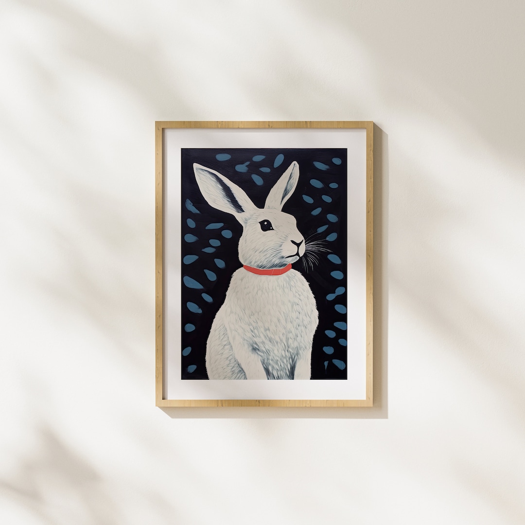 White Rabbit Painting: Modern Blue Animal Portrait (digital Download ...