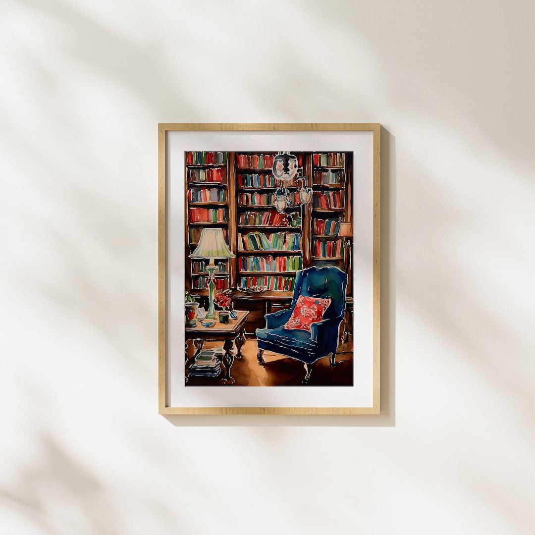 Library, Books, Knowledge, Realism, Wall Art, Blue Armchair, Modern Art ...
