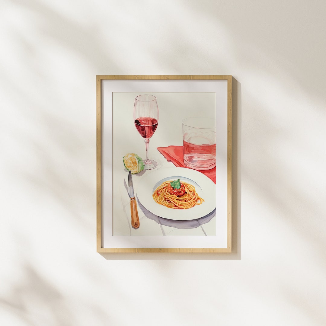 Spaghetti, Wine, Dinner, Illustration, Art, Printable Art, Realism ...