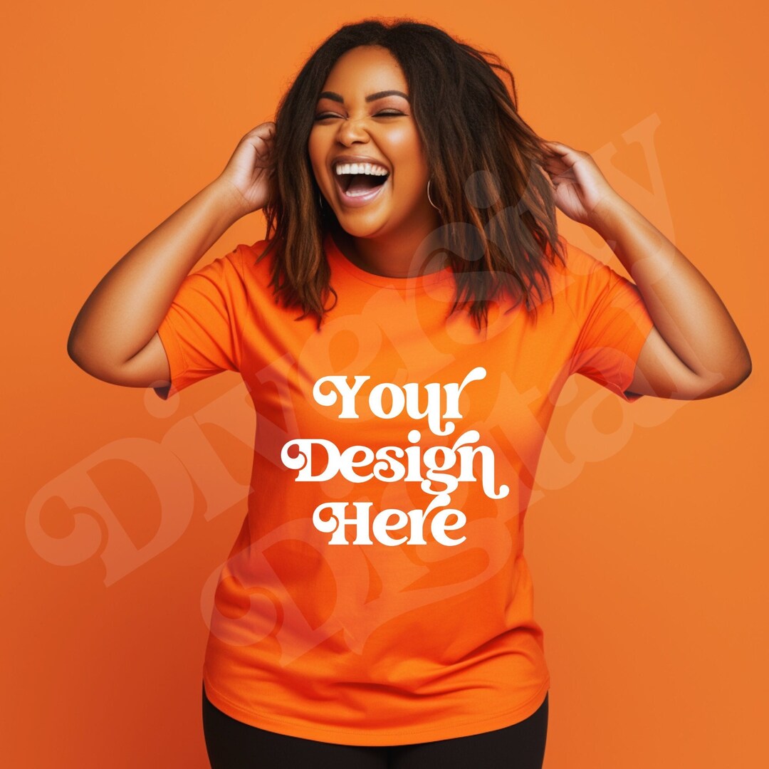 Plus Size Black Model Mockup, Orange Gildan 5000 Mockup, Plus Size Fall ...