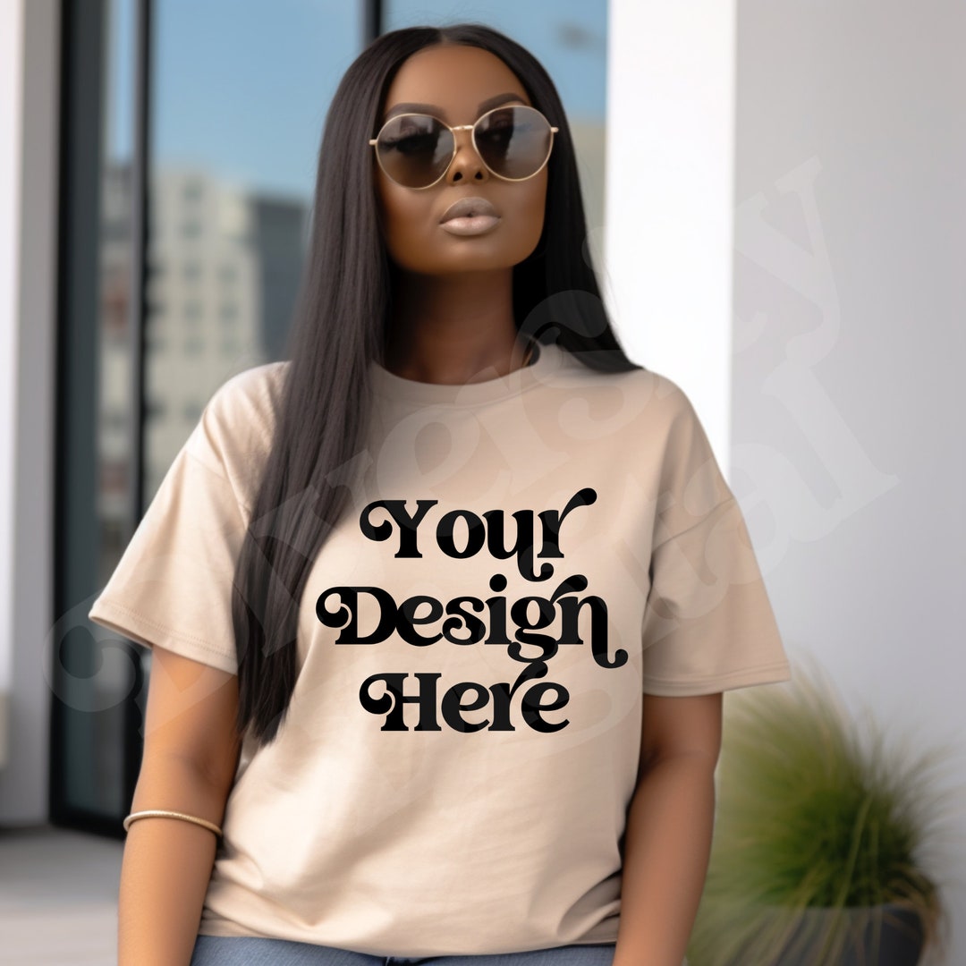 Black Girl Model Mockup, Sand Gildan 5000 Mockup, Plus Size Sand Mockup ...