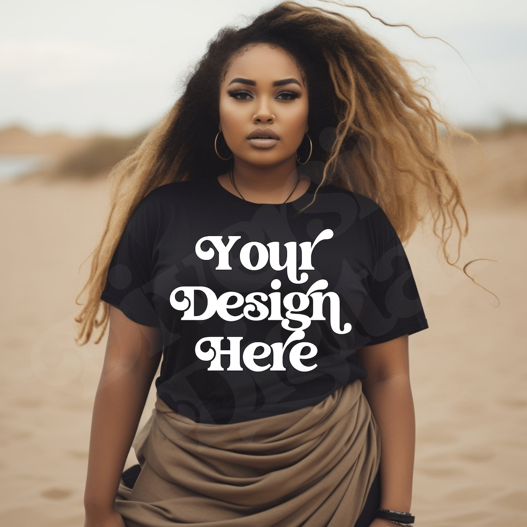 Plus Size Black Model Mockup, Black Gildan 5000 Mockup, Plus Size Black ...