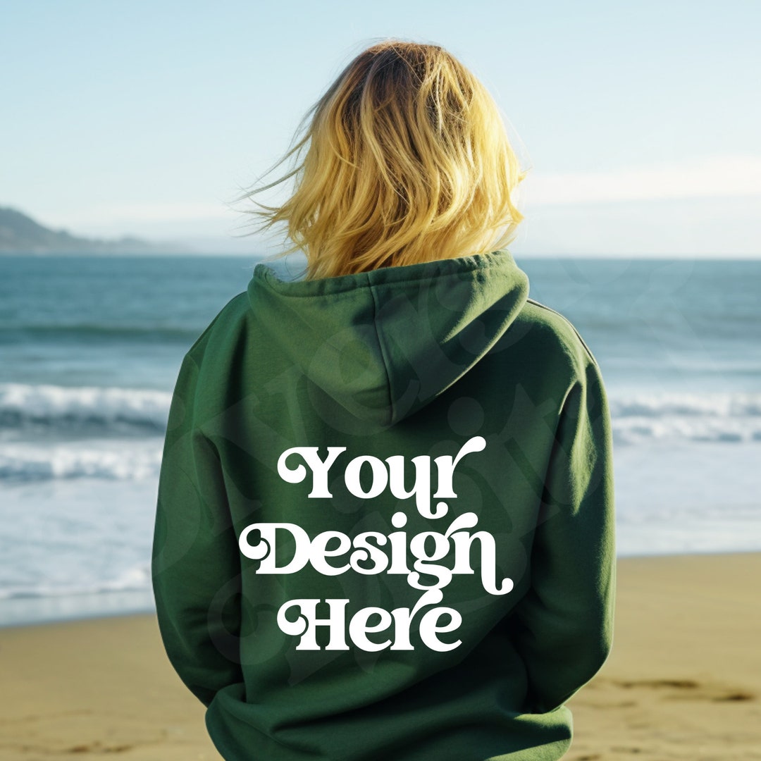 Gildan 18500 Forest Green Hoodie Sweatshirt Back Print Beach Mockup ...
