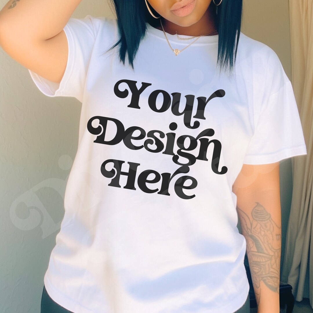 Plus Size Black Model Mockup, White Gildan 5000 Mockup, Diverse Model ...