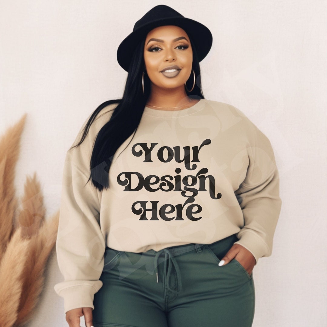Plus Size Sweatshirt Sand Gildan 18000 Mockup Plus Size Black Model ...