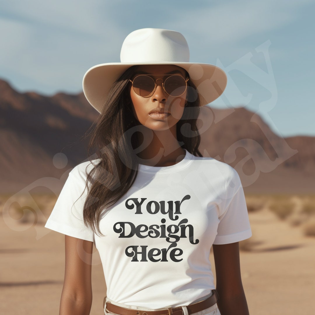 Western Mockup, White Gildan 5000 Mockup, Black Girl Model Mockup ...