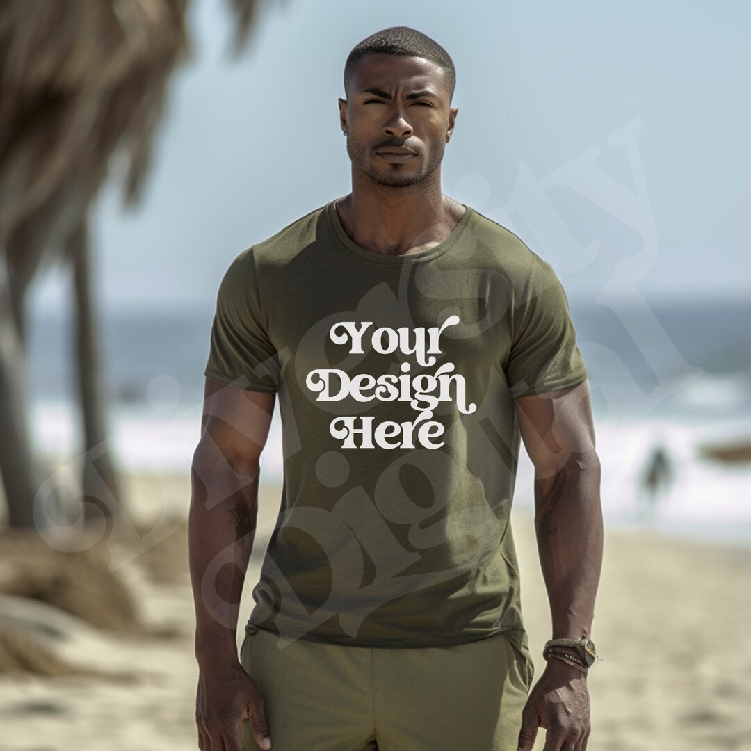 Olive Bella Canvas Male Model Mockup, Beach Mockup, African American ...