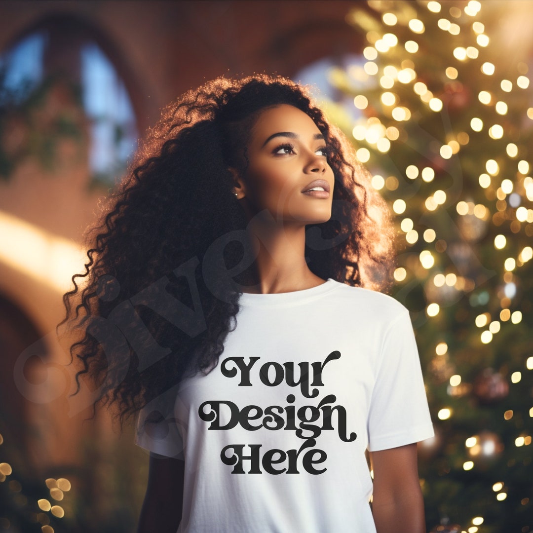 Black Girl Model Mockup Gildan 5000 Mockup White Christmas Shirt Mockup ...