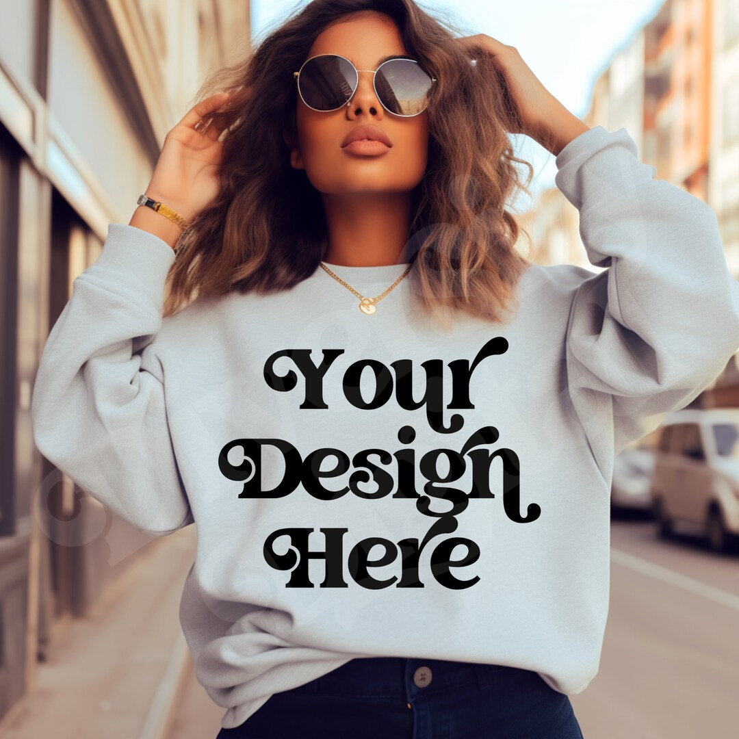 Ash Gildan 18000 Black Girl Model Mockup Black Model Ash Sweatshirt ...