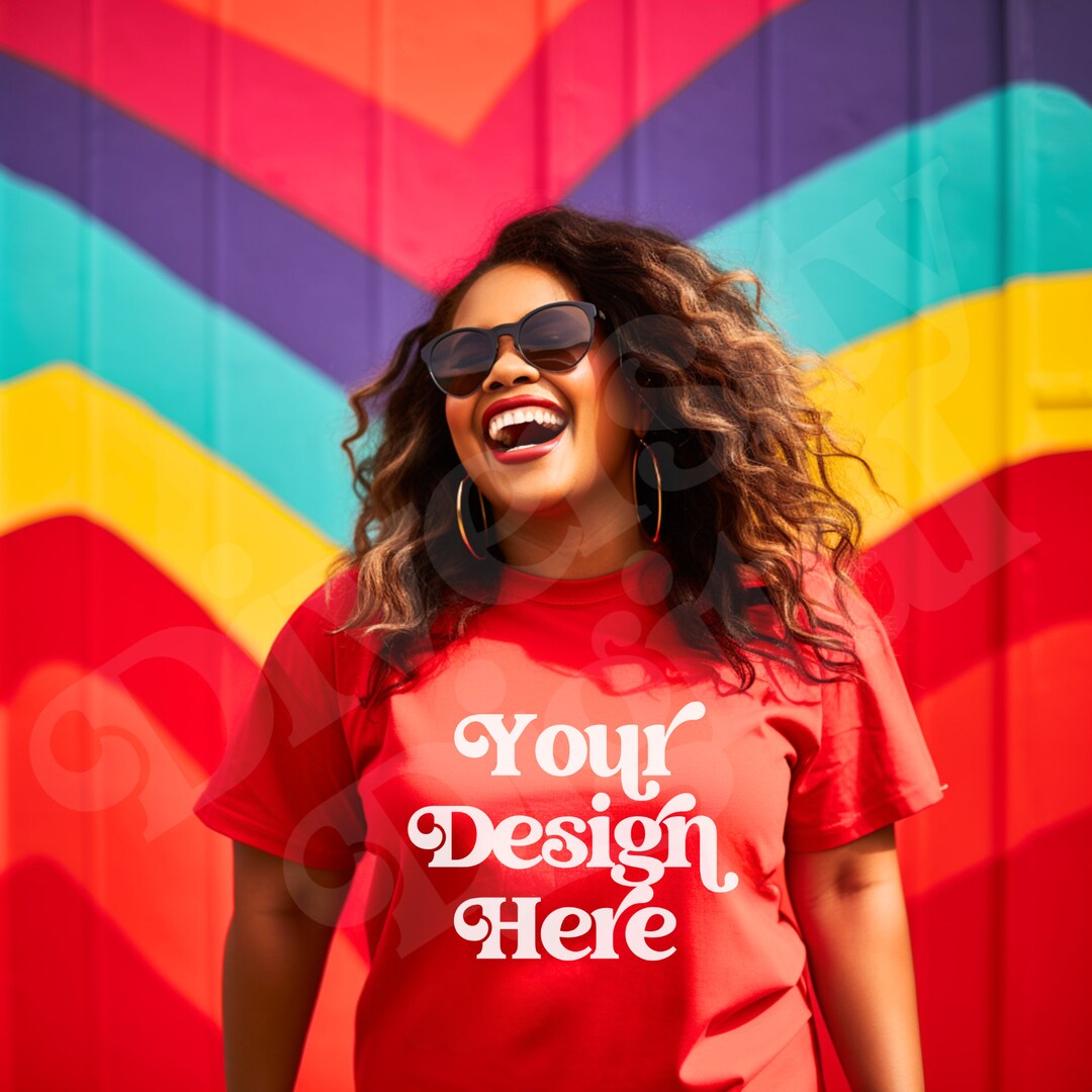 Plus Size Black Model Mockup, Red Gildan 5000 Mockup, Plus Size Red ...