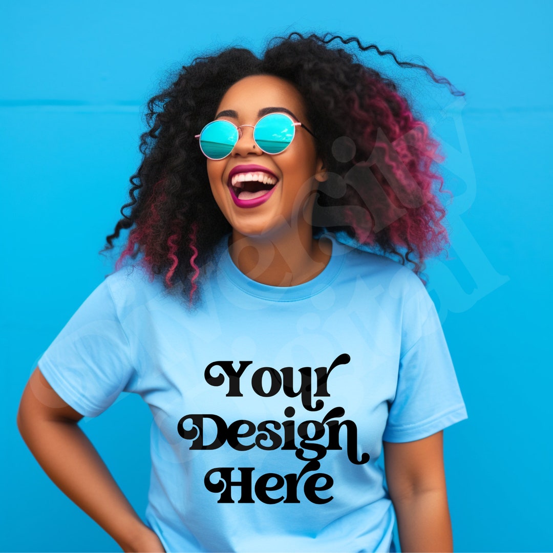 Plus Size Black Model Mockup, Sky Blue Gildan 5000 Mockup, Plus Size ...