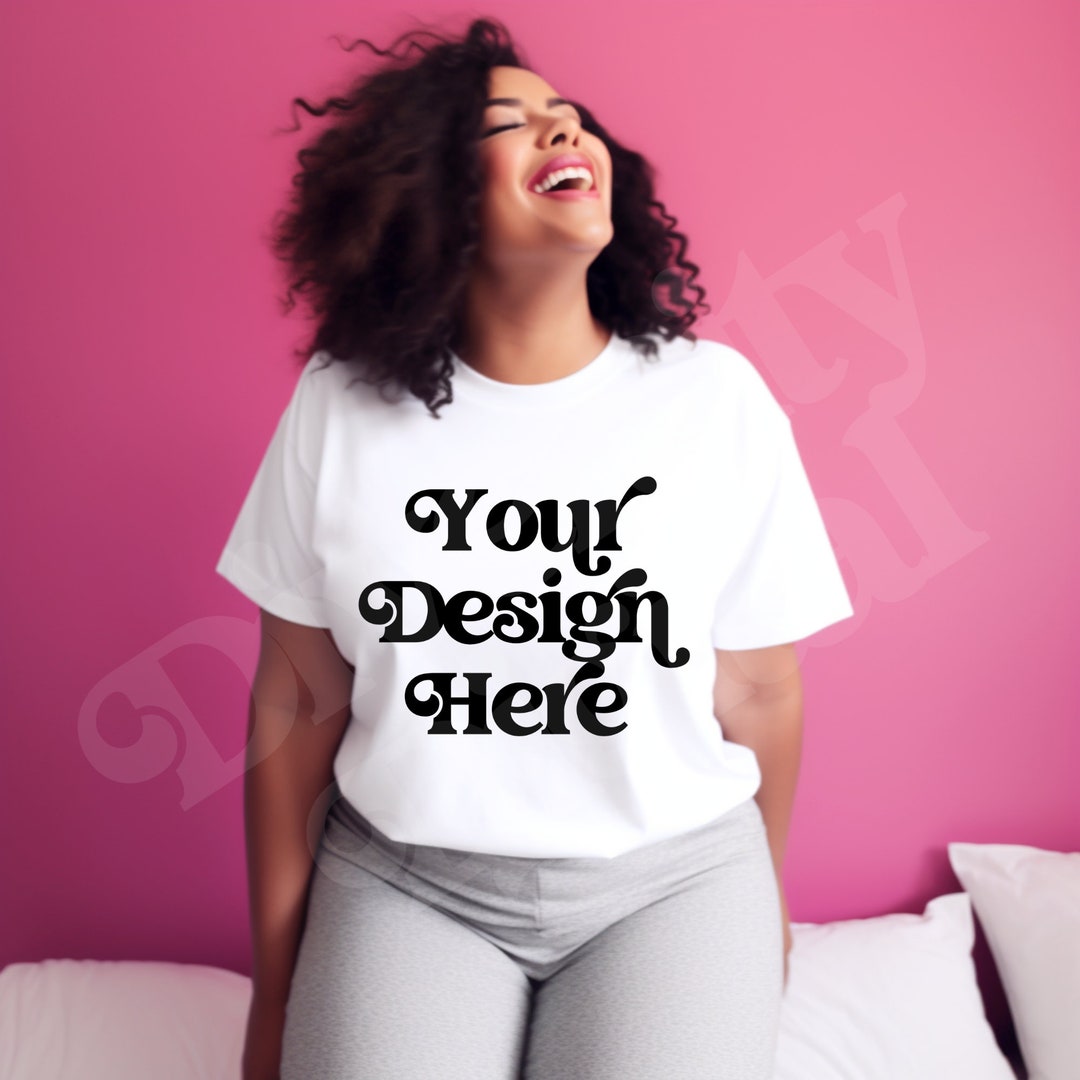 Plus Size Black Model White Bella Canvas T-shirt Mockup, Diverse ...