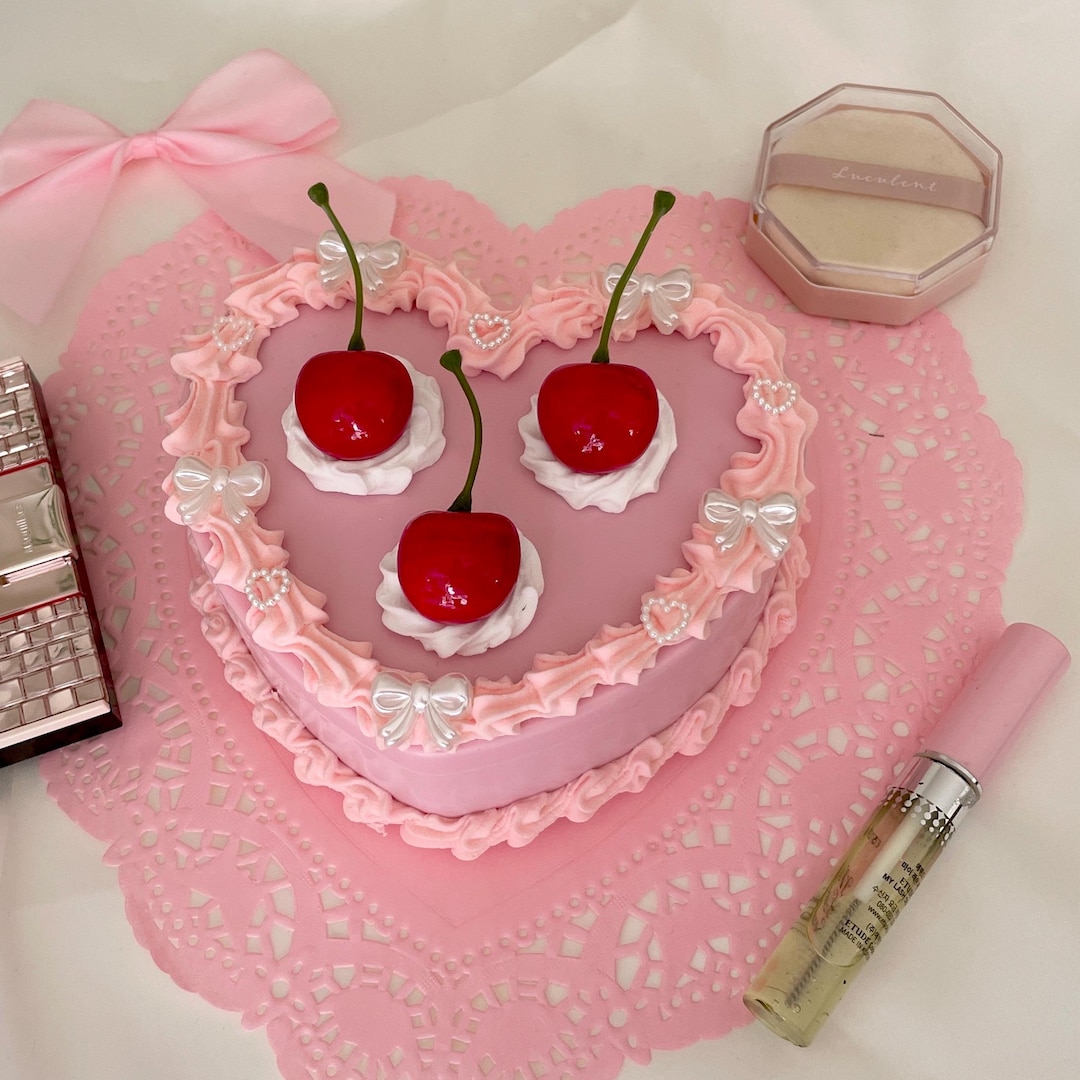 Pink Coquette Cherry Heart Fake Cake Decor Box With Mirror - Vintage ...