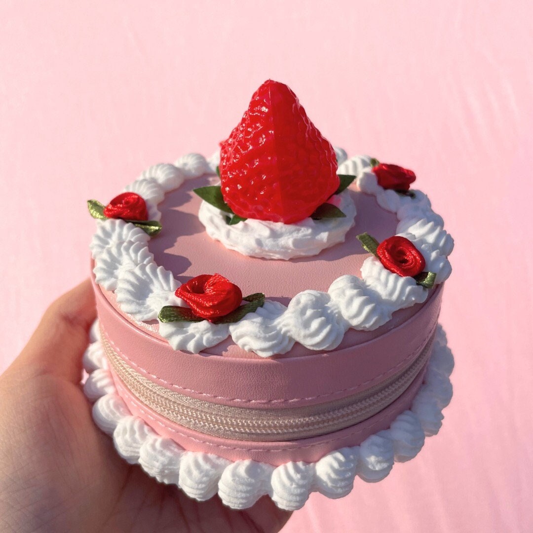 Pink Strawberry Zippered Jewelry Box cherry Rose Heart Cake Box Vintage ...