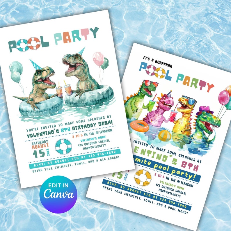 EDITABLE Dinosaurs Pool Party Invitation TEMPLATE Printable T-rex Dinos ...