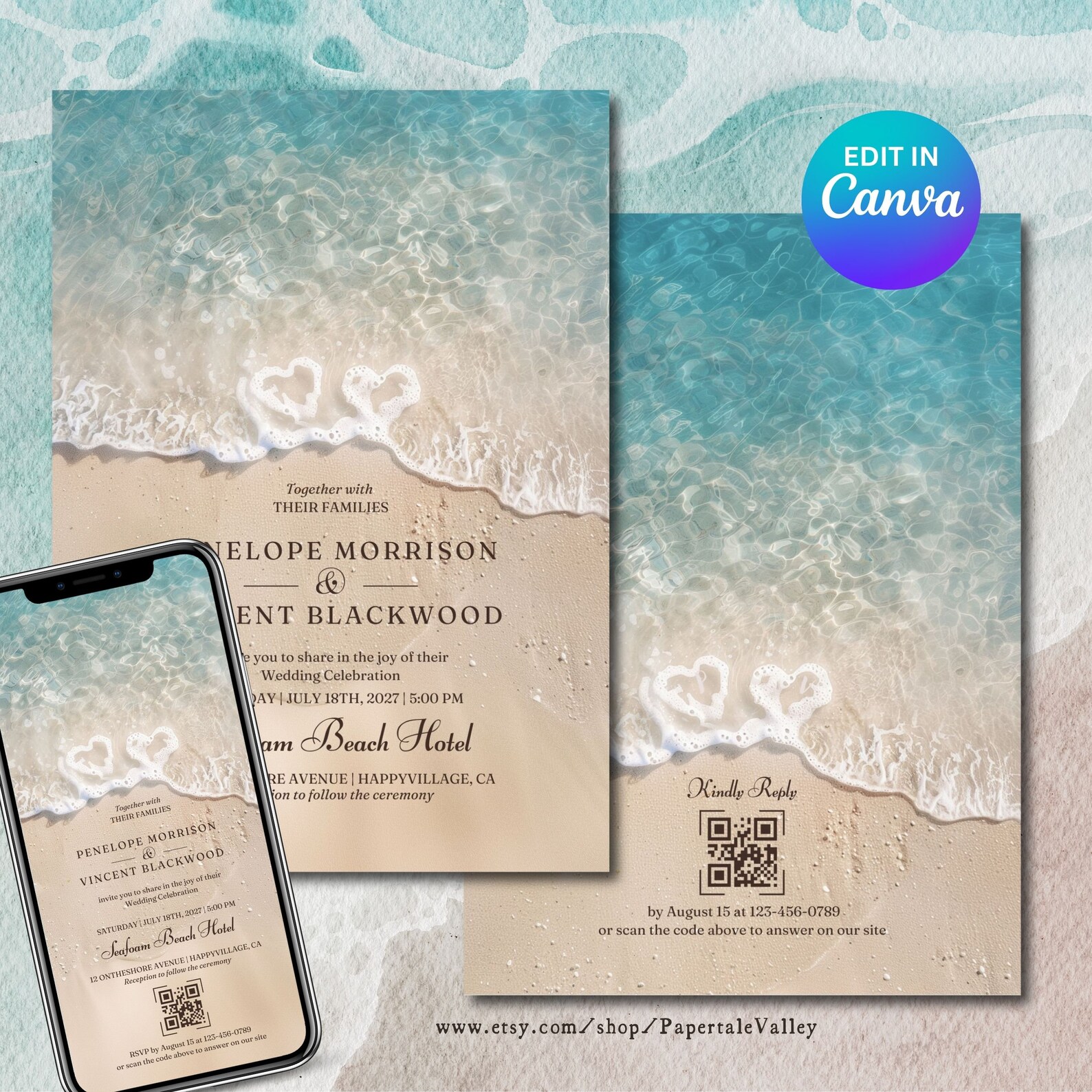 Editable Sea Foam Love Wedding Invitation | Beach Wedding | Seaside ...