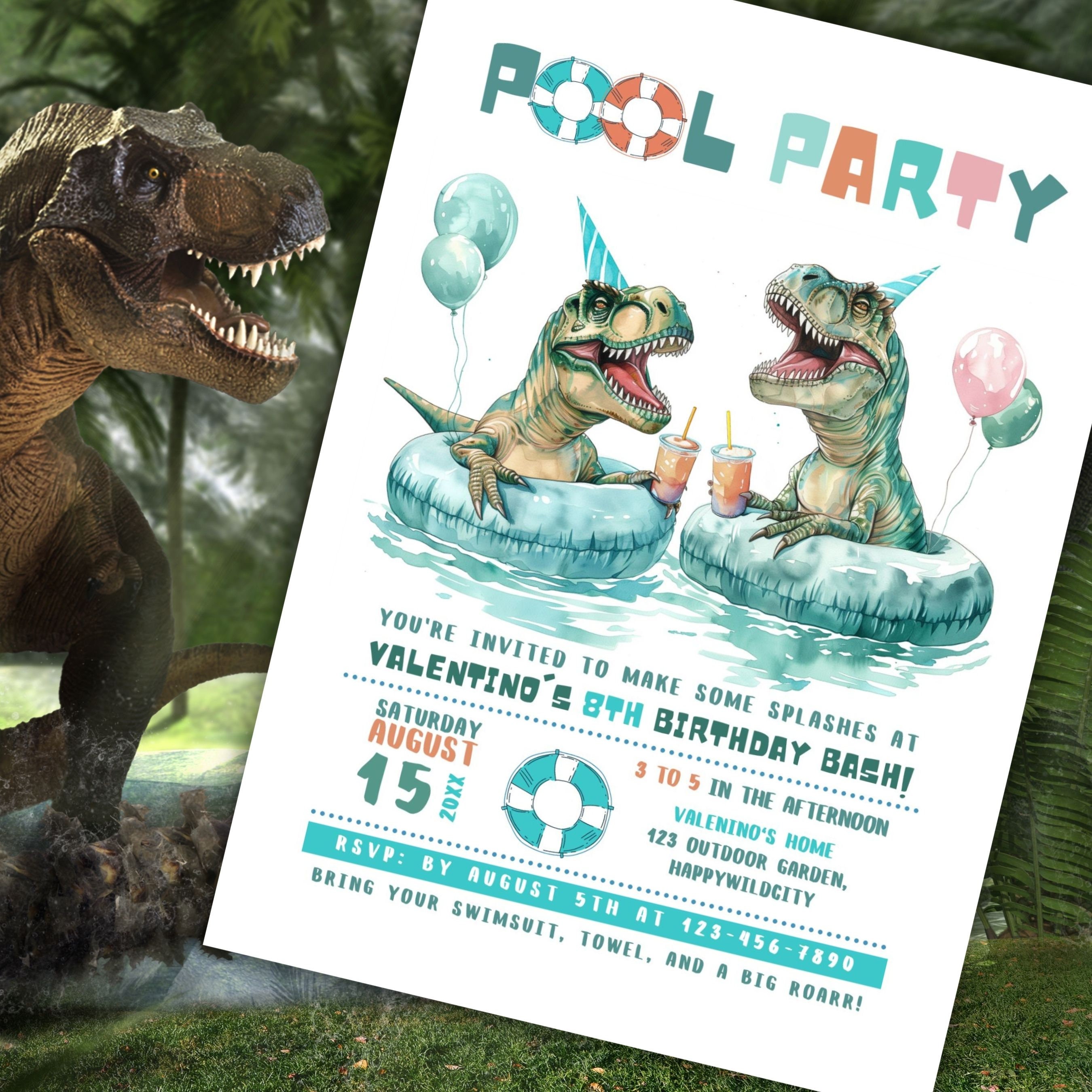 Dinosaur Pool Party Invitation: Jurassic Birthday (editable, Instant ...