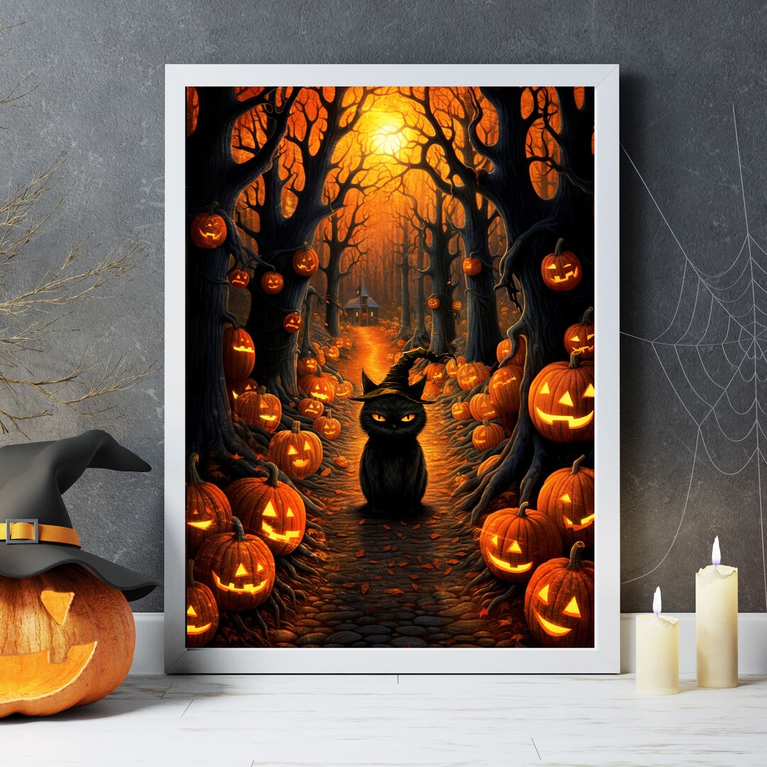 Witch Cat Halloween Art Print | Spooky Jack-o-lantern Forest (digital ...