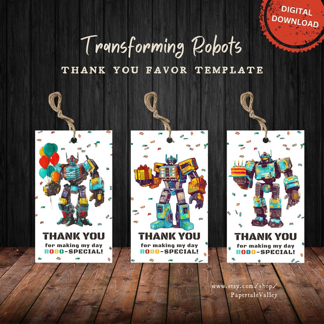 Robots Birthday Thank You Tags: Editable Favor Template (digital ...