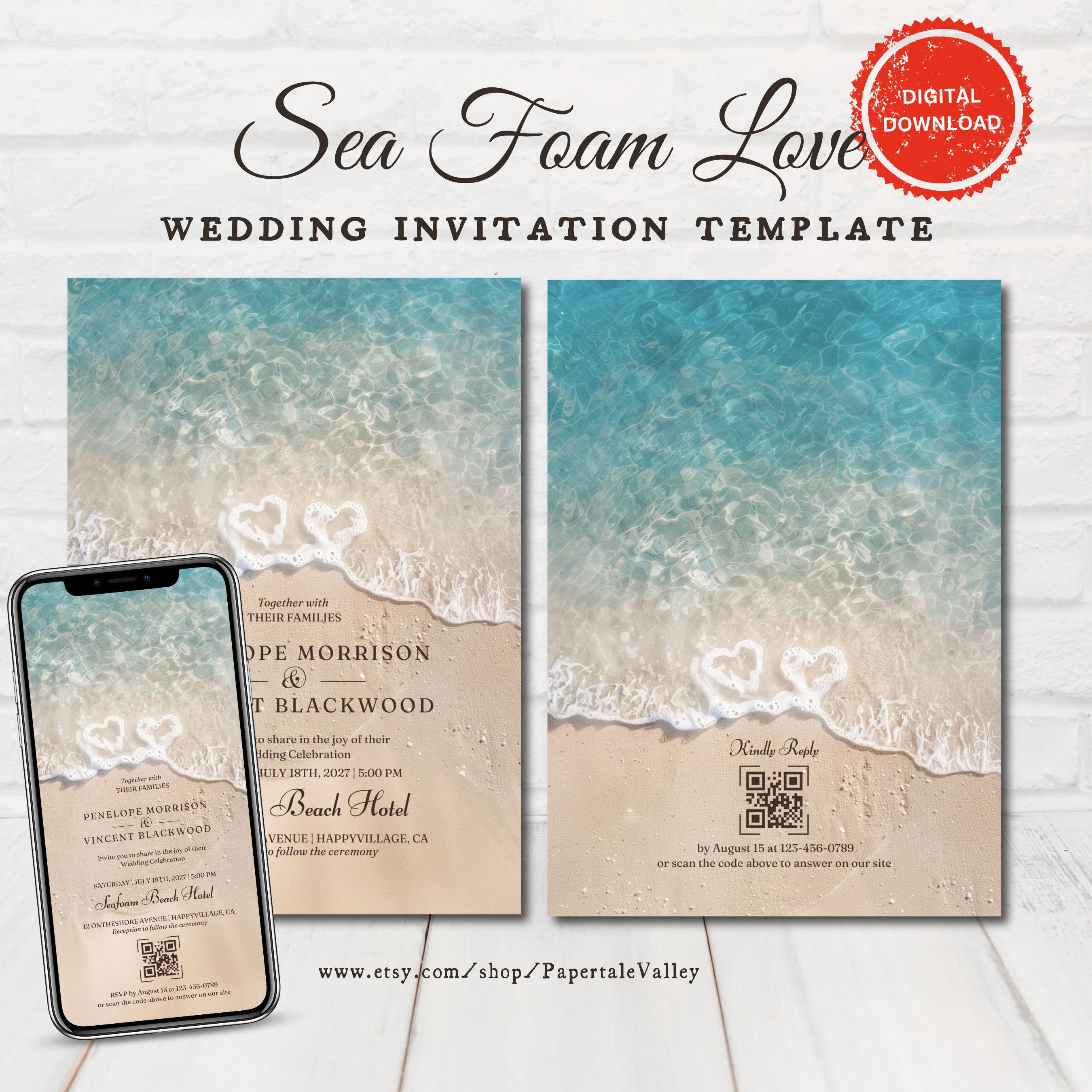 Editable Sea Foam Love Wedding Invitation | Beach Wedding | Seaside ...