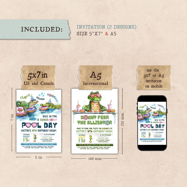 Editable DONUT CROCODILE Pool Party Invitation TEMPLATE Summer Party ...