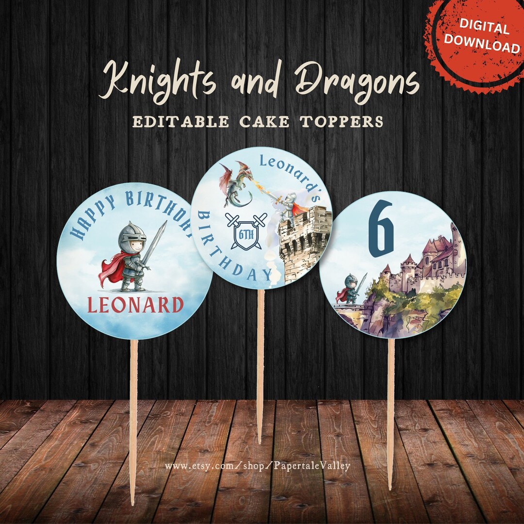 Knights and Dragons Birthday Cake Topper Medieval Cake Topper Label ...
