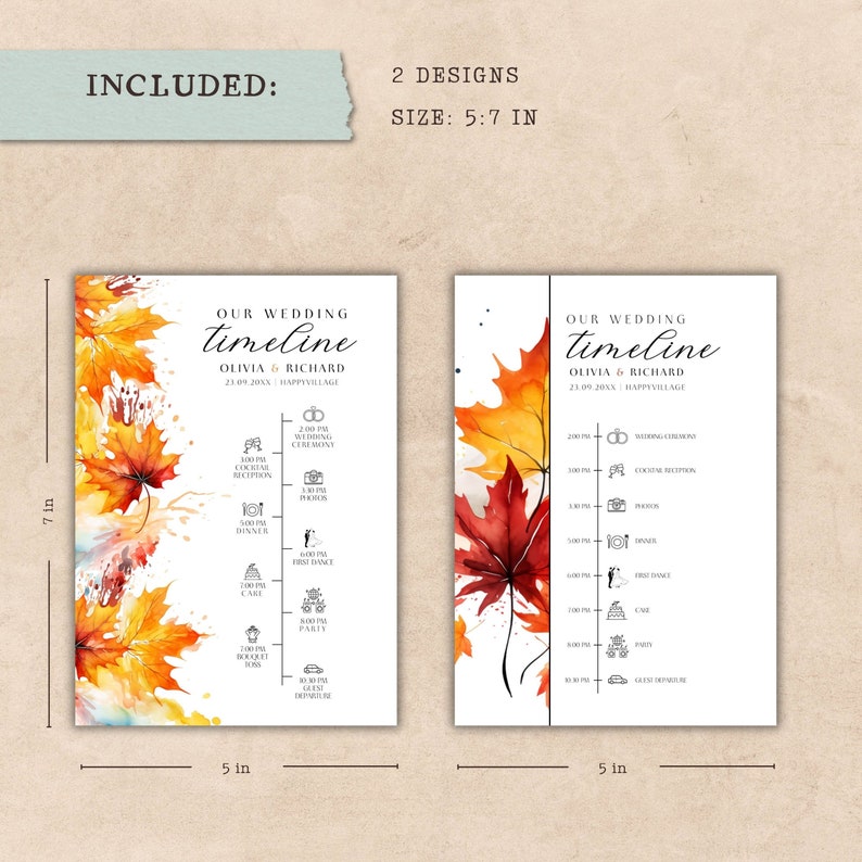 PRINTABLE Watercolor Autumn Leaves Wedding Timeline Template | Editable ...