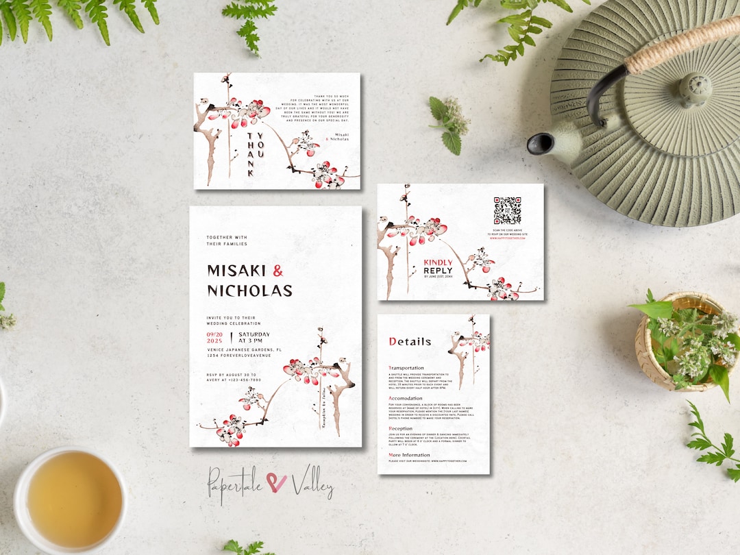 Japanese Sakura Template Wedding Set, Minimalist Floral Editable ...