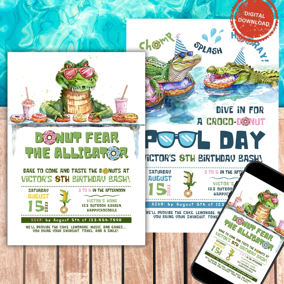 Editable DONUT CROCODILE Pool Party Invitation TEMPLATE Summer Party ...