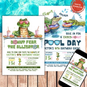 Editable DONUT CROCODILE Pool Party Invitation TEMPLATE Summer Party ...