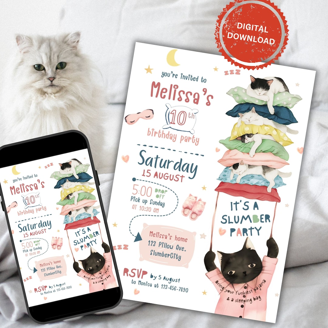 Editable Cat Slumber Party Invitation: Fun Sleepover Template (digital ...