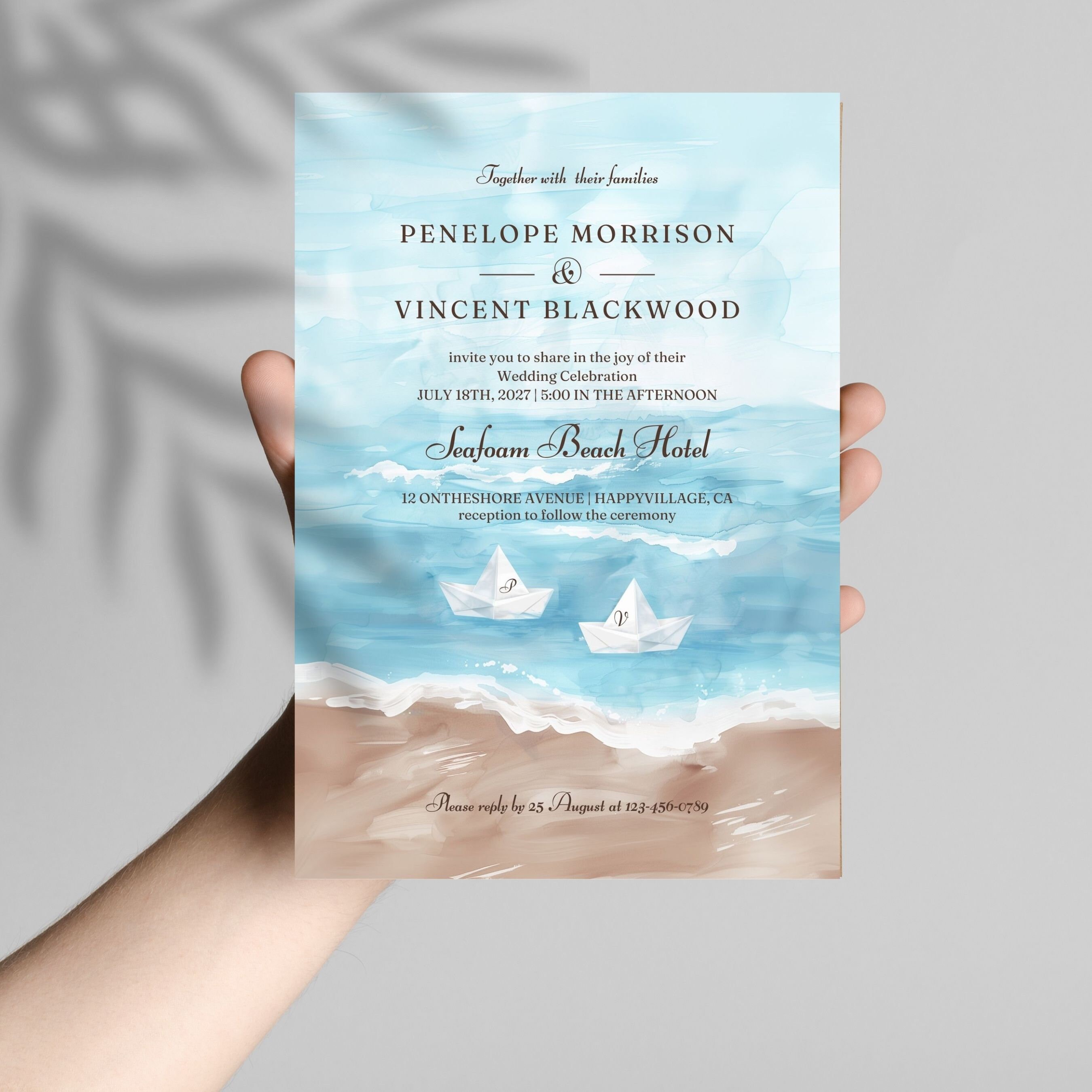 Editable Paper Boats on the Sea Wedding Invitation Beach Wedding ...