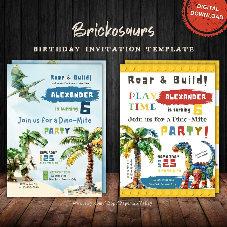 Editable Dinosaur and Building Blocks Birthday Invitation Template ...