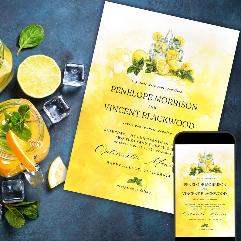 Editable Lemons and Lemonade Wedding Invitation Template Exotic Wedding ...