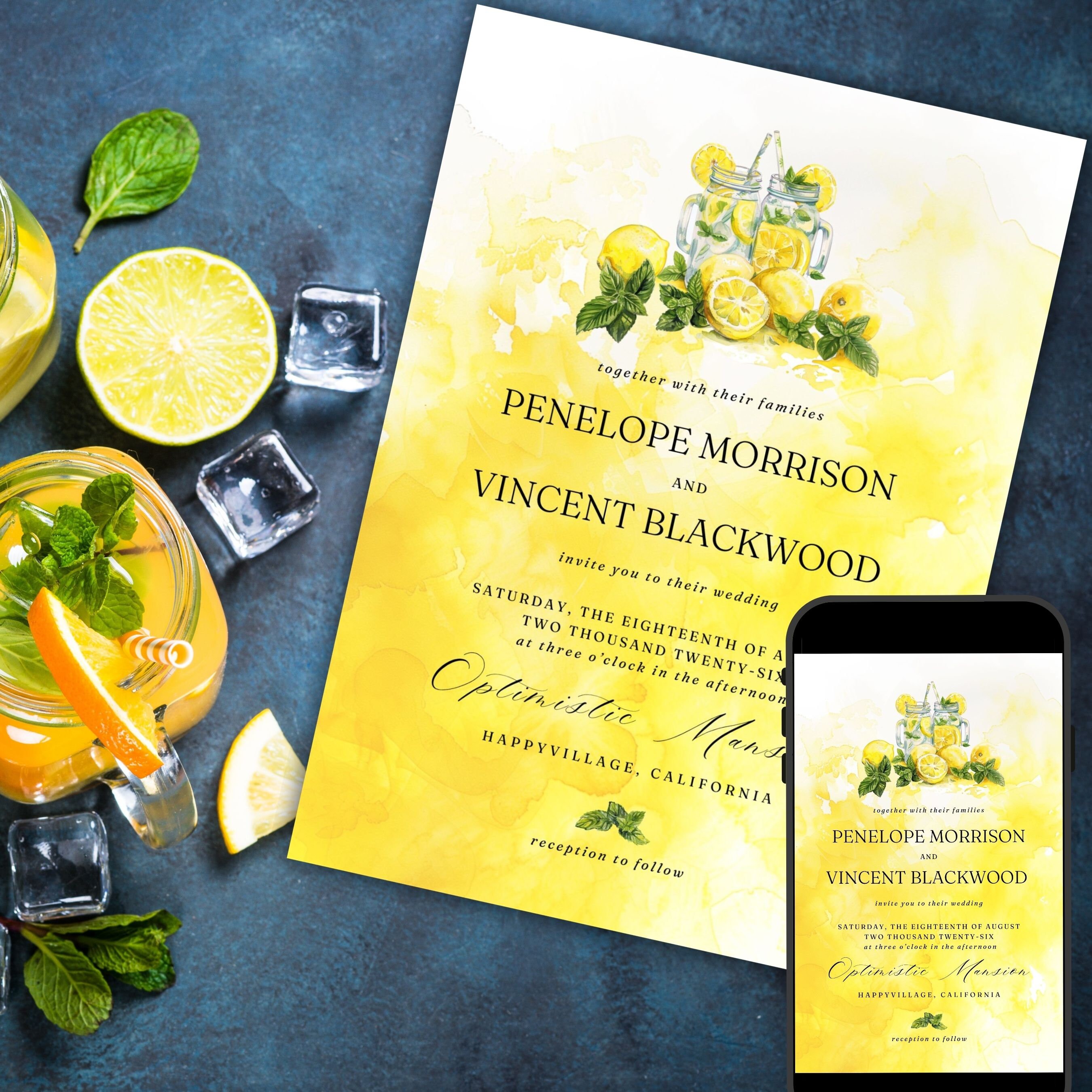 Editable Lemons and Lemonade Wedding Invitation Template Exotic Wedding ...