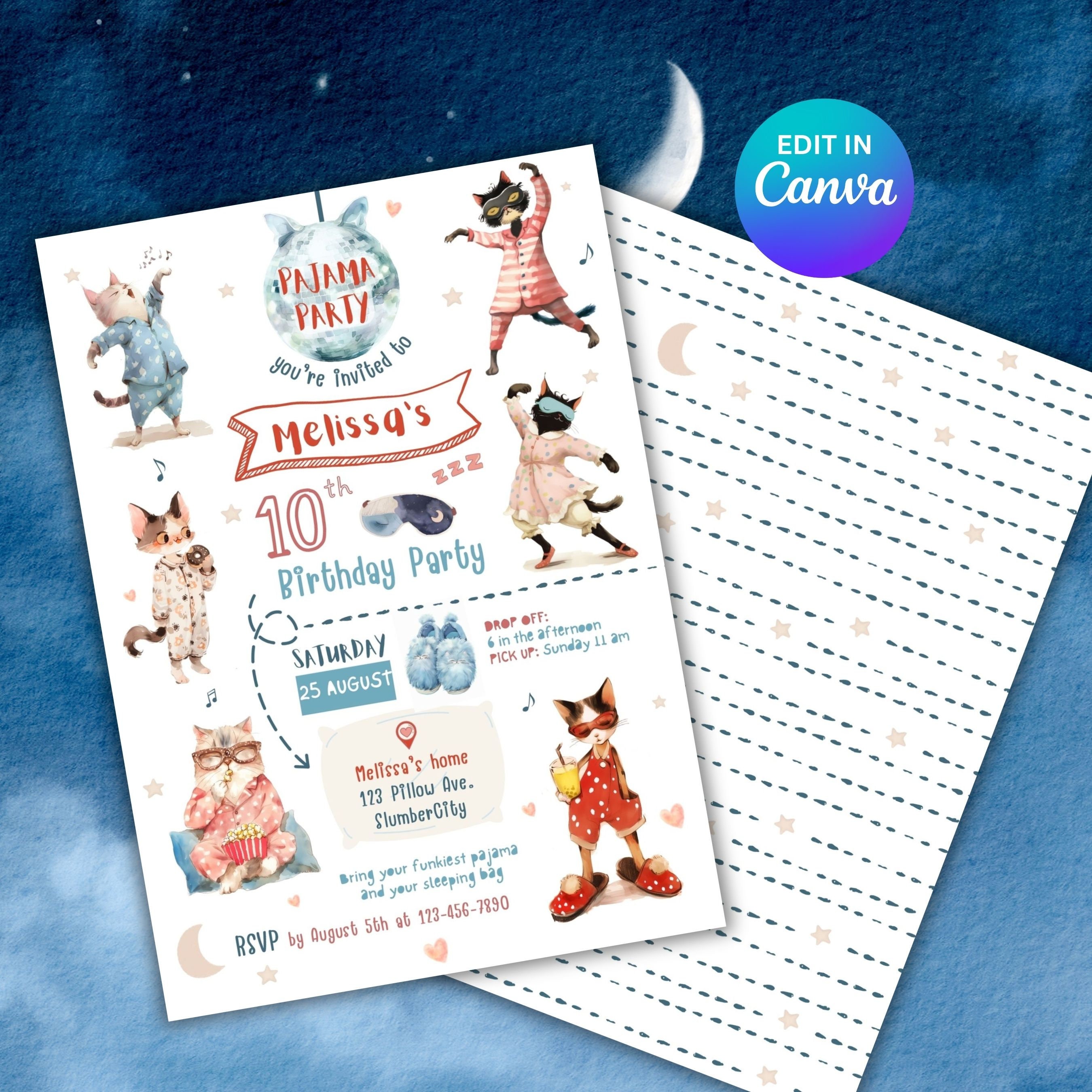 EDITABLE Cat Pajama Birthday Party Invitation TEMPLATE | Sleepover ...