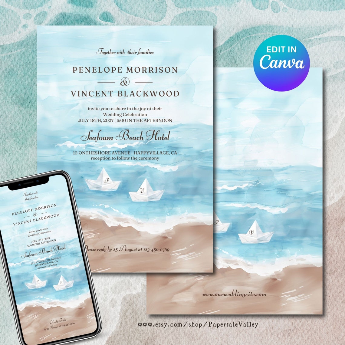 Editable Paper Boats on the Sea Wedding Invitation Beach Wedding ...