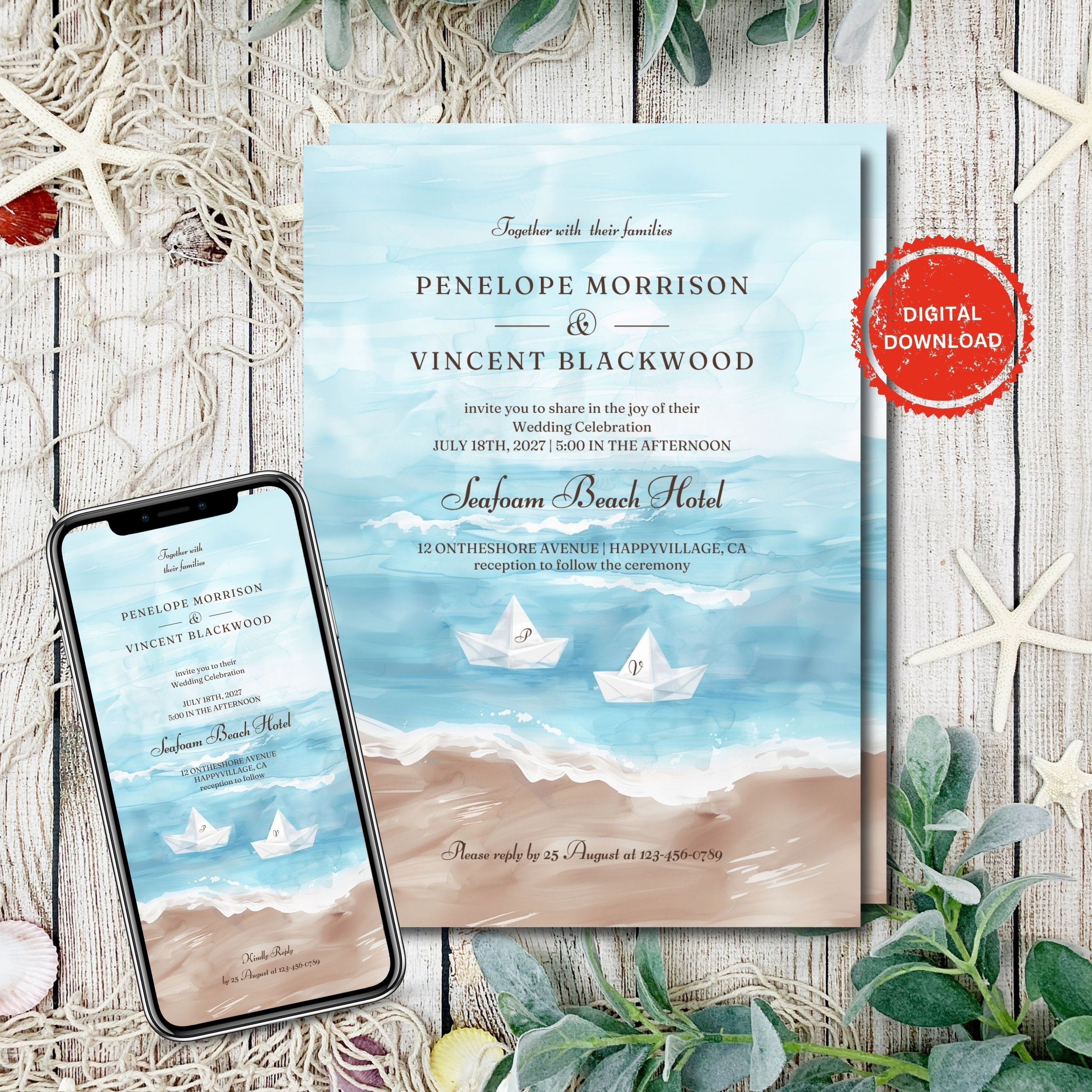 Editable Paper Boats on the Sea Wedding Invitation Beach Wedding ...
