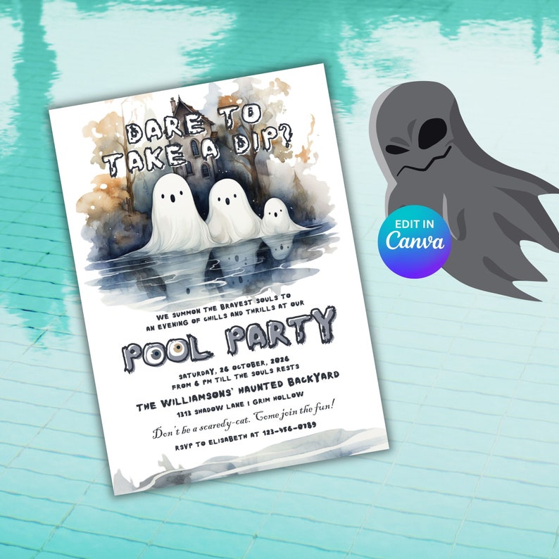EDITABLE Halloween Spooky Pool Party in the Backyard Invitation ...