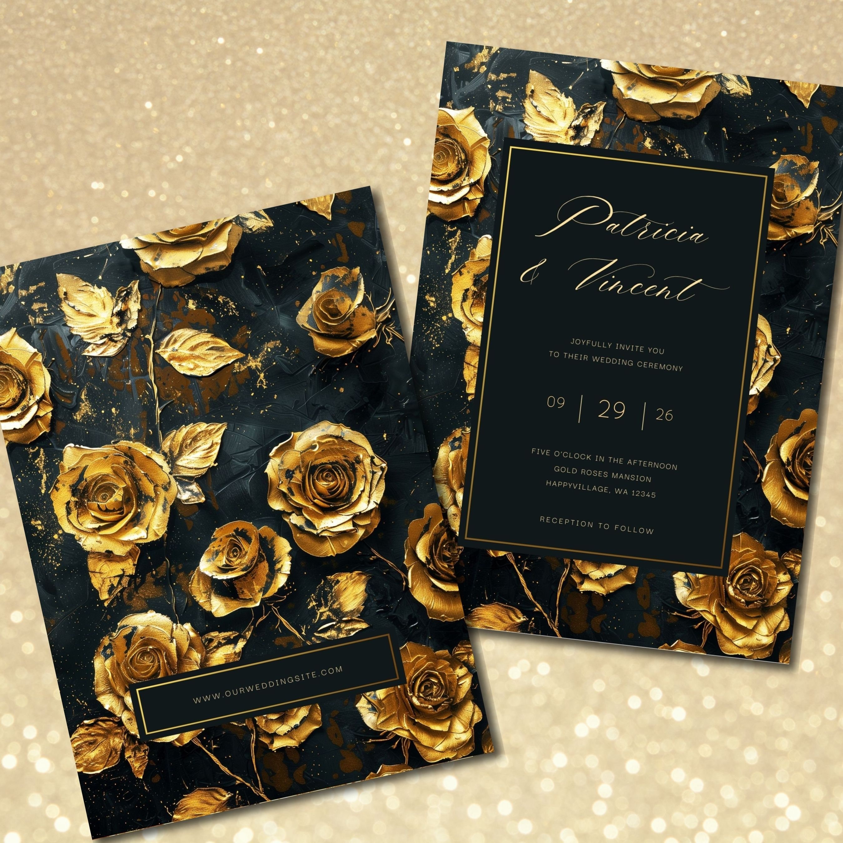 Editable Gold Roses Wedding Invitation Template Glamour Wedding ...