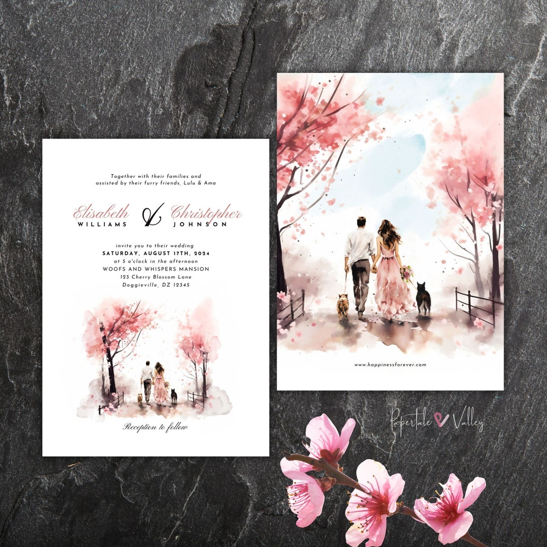 Watercolor Couple With 2 Dogs and Cherry Blossom Template Wedding ...