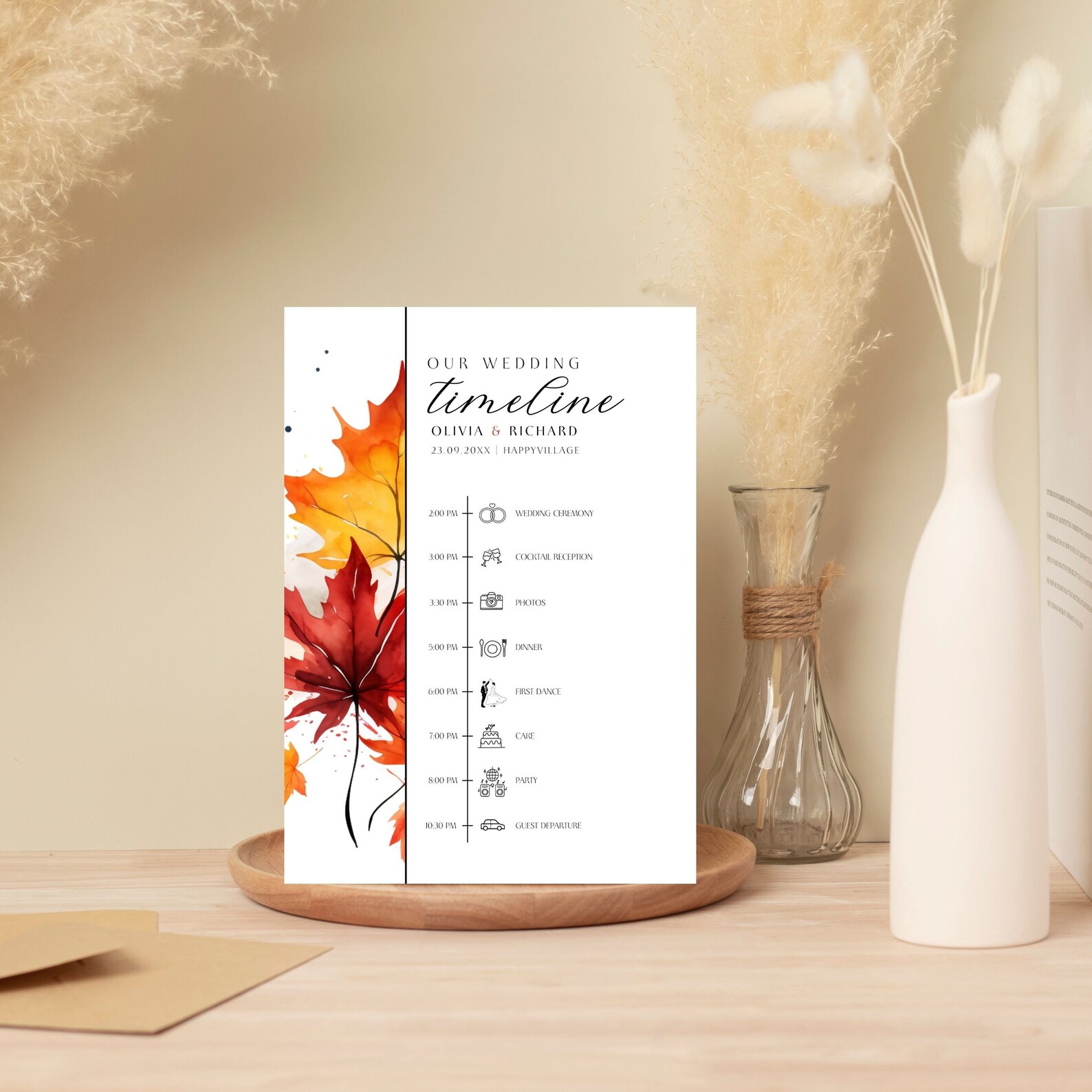 PRINTABLE Watercolor Autumn Leaves Wedding Timeline Template | Editable ...