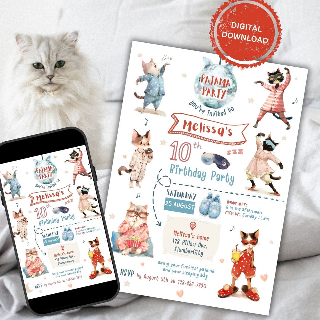 EDITABLE Cat Pajama Birthday Party Invitation TEMPLATE | Sleepover ...