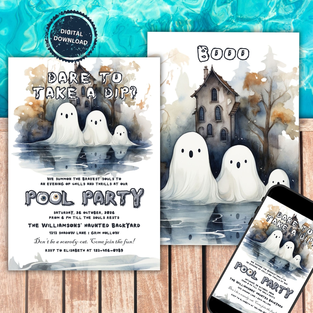 EDITABLE Halloween Spooky Pool Party in the Backyard Invitation ...